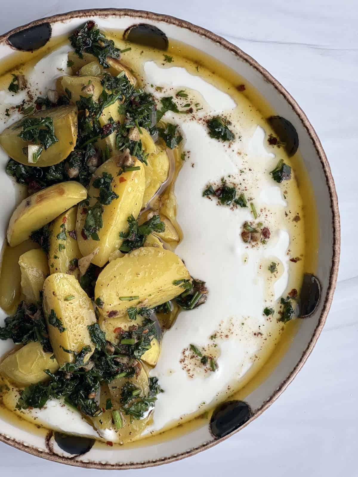 Whipped Feta with Batata Harra (Spicy Middle Eastern Potatoes) - Food Dolls