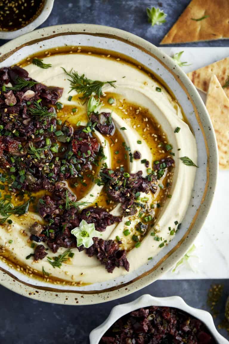 Za'atar Hummus with Olive Tapenade - Food Dolls
