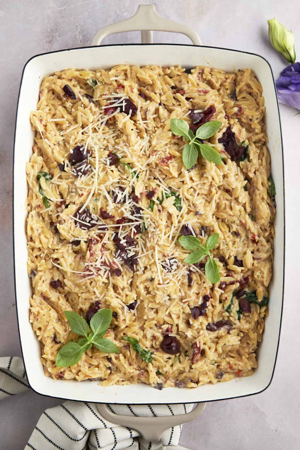 Spinach and Sun-Dried Tomato Boursin Orzo Bake - Food Dolls